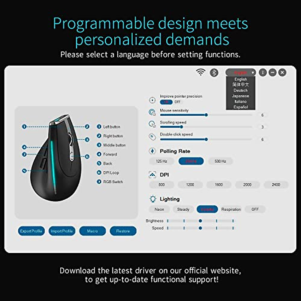 Wireless Bluetooth Ergonomic Vertical Mouse Programmable Custom Buttons Onboard Memory USB Computer Mouse for Office Gaming Right Hand PC Mouse