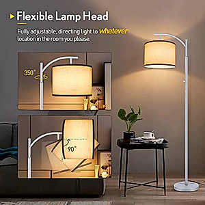 OUTON LED Floor Lamp, 3 Color Temperatures Modern Lamp with Rotary Switch, Adjustable Tall Standing Reading Lamp with Hanging White Linen Texture Shade for Living Room, Bedroom, Office, Silver Grey