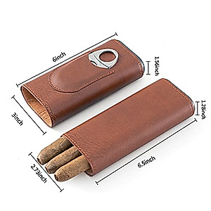 Oyydecor Cigar Case Cigar 3- Finger Carrying Case Set Cedar Wood Lined Leather, Cigar Humidor with Silver Stainless Steel Cutter (Brown)