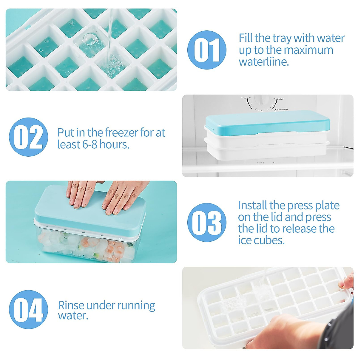 forcozyvie Ice Cube Tray with Lid and Bin,64Pcs Silicone Ice Cube Mold,Large Ice Cube Maker for Freezer, Easy Release Stackable 2 Ice Trays w/Tongs and Scoop for Whiskey Cocktail Coffee Tea Baby Food