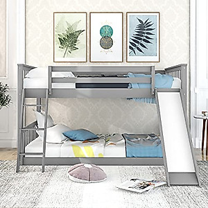 GLORHOME Full Over-Full Wood Bunk Bed with with Convertible Slide and Ladder, Solid Slat Support Bedframe for Kids Teens Bedroom, No Box Spring Needed, Grey
