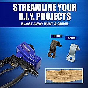 LE LEMATEC Sand Blaster Gun Kit for Air Compressor, Paint/Rust Remover for Metal, Wood & Glass Etching, Up to 150 PSI Continuous Blasting Media for Aluminum, Sand & Soda Blaster Jobs, Blue (AS118-2)