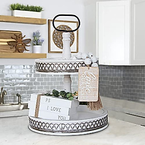 HPC Decor Two Tiered Tray-Farmhouse Tiered Tray with Metal Accents-Decorative Wooden Tiered Tray Stand-Rustic 2 Tier Tray for for Kitchen Island Country Dinning Entryway Coffee Table Tray (White)