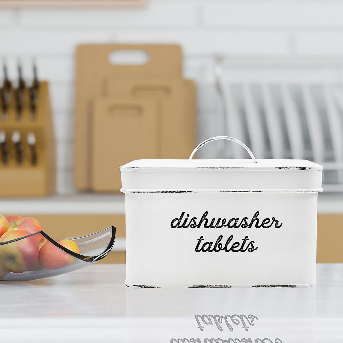 AuldHome Dishwasher Pod Holder, Tablet Container; White Enamelware Rustic Kitchen Storage Tin with Lid