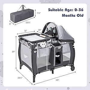 HONEY JOY Pack and Play with Bassinet, 4-in-1 Portable Baby Playard with Changing Table, Net & Cute Toys, Diaper Storage Bag, Music Box, Wheels with Brake, Foldable Newborn Play Yard w/Carry Bag