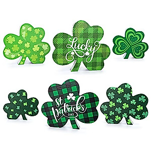 Whaline 3Pcs St. Patrick's Day Wooden Signs Green Plaid Shamrock Table Ornament Lucky Clover Double-Side Print Table Centerpieces Irish Holiday Table Centerpieces for Home Fireplace Tiered Tray Decor