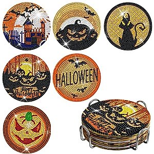 7 FloFairy Diamond Painting Coasters with Holder, Halloween DIY Diamond Art Kits for Beginners, Adults, Kids Small Diamond Painting Kit Art Craft Holiday Supplies (6PCS)