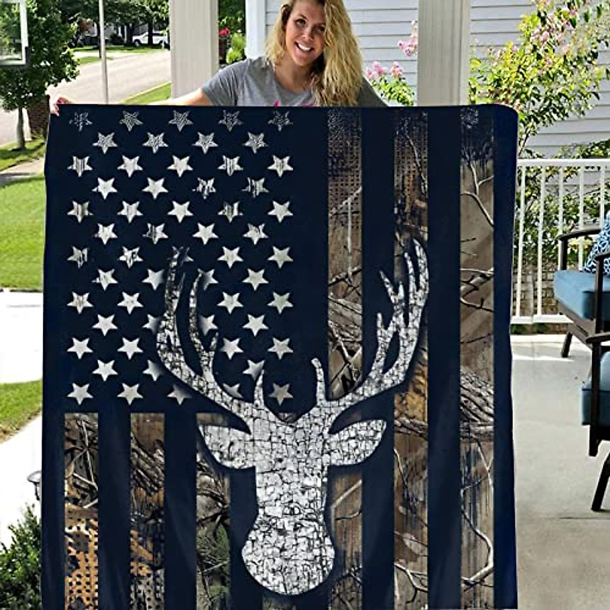 Fullet Deer Hunting Blanket American Flag Camo Throw Blankets Camouflage Hunting Gifts for Men Women Throw Blanket for Bed and Couch 60''x50''
