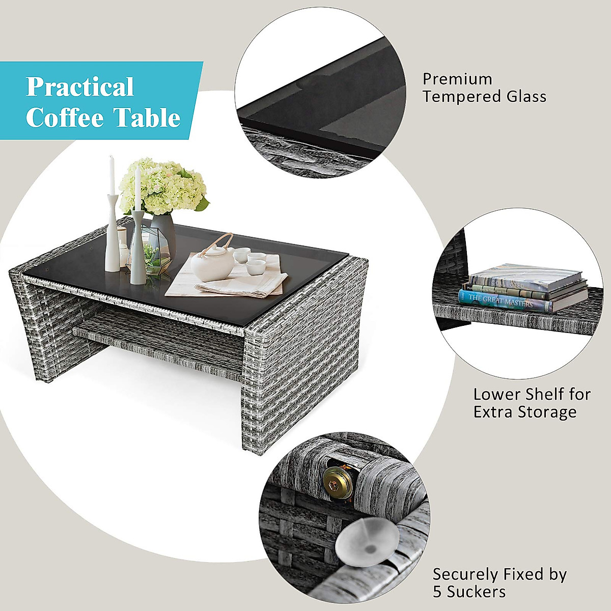 Tangkula 4 Pieces Patio Furniture Set, All Weather Outdoor Sectional Rattan Sofa Set with Cushions & Tempered Glass Table, Wicker Conversation Couch Set for Backyard Garden Poolside (Turquoise)