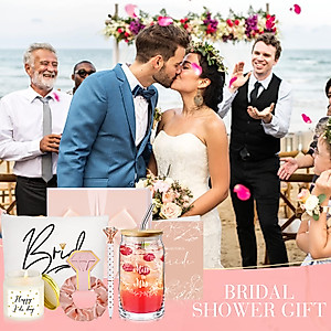 7 Pcs Bride Gifts Bridal Shower Gift Including Mrs Can Shaped Drinking Glass with Straw Bride Makeup Bag Crystal Pen Scented Candle Scrunchies Raffia Wedding Card Gift Box for Bridal Shower (Pink)