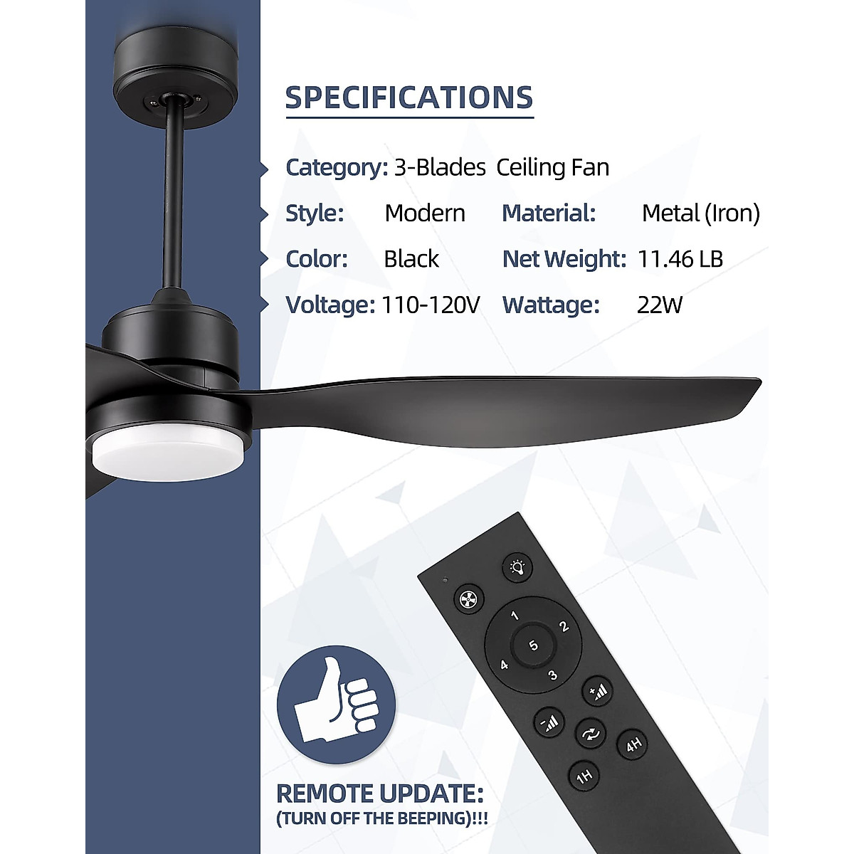 YOUKAIN 52 Inch Indoor/Outdoor Modern Ceiling Fan with Lights and Remote Control, Reversible Blades, for Living room, Bedroom, Bathroom, Matte Black, 52-YJ359-BK