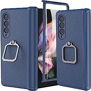 ATATOO for Samsung Galaxy Z Fold 3 Case, Z Fold3 Case Built-in Screen Protector & Hinge Protection & Kickstand, Durable Anti-Scratch Full Body Protection Leather Phone Case for Galaxy Z Fold 3,Blue