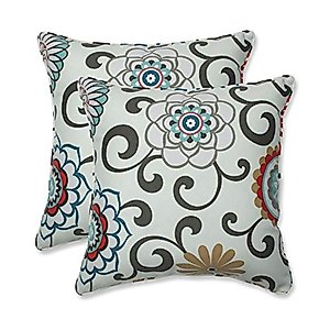 Pillow Perfect Outdoor/Indoor Pom Play Peachtini Throw Pillows, 18.5" x 18.5", Blue, 2 Count