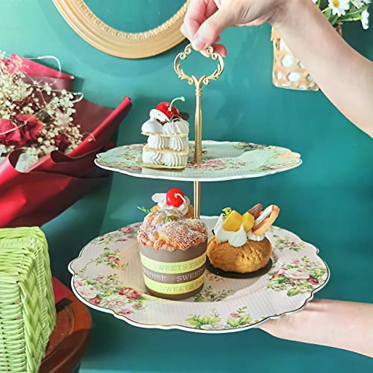 PULCHRITUDIE Pink Azalea Porcelain Two-Tier Cake Stand Cake Plate, 9.5"