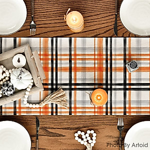 Artoid Mode Orange Black Buffalo Plaid Fall Table Runner, Halloween Kitchen Dining Table Decoration for Outdoor Home Party 13x72 Inch