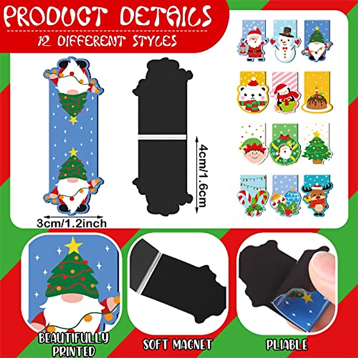 60 Pieces Christmas Magnetic Bookmarks Kids Cute Bookmarks Magnet Page Clips Bookmark with Santa Snowman Reindeer Pattern Xmas Page Clips for Kids Christmas Winter Holiday School Gifts