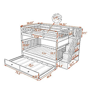 BIADNBZ Full Over Full Bunk Bed with Twin Size Trundle, Storage Stairs and Guard Rail, Solid Wood Detachable BunkBed Frame for Teen/Adults Bedroom, Gray