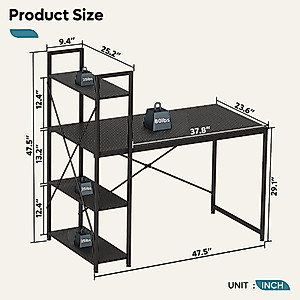 Bestier Computer Desk with Shelves - 47 Inch Small Space Home Office Desks with Bookshelf for Study Writing and Work - Plenty Leg Room and Easy Assemble,Black Carbon Fiber