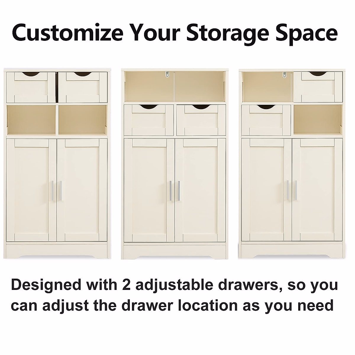 Iwell Tall Storage Cabinet, Bathroom Cabinet with 2 Drawers & 2 Adjustable Shelves, Bathroom Floor Cabinet for Living Room, Home Office, Soft White