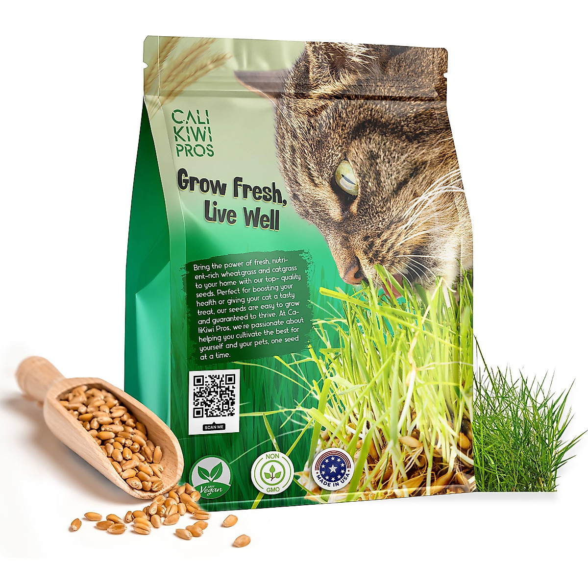 Cali Kiwi Pros Organic Cat Grass for Indoor Cats & Pets-Wheat Grass & Cat Grass Seeds for Digestion and Hairballs - Non-GMO -16 oz