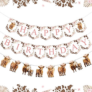 Highland Cow Birthday Decorations Girl - Highland Cow Happy Birthday Banner, Garland, Boho Retro Floral Highland Cattle Holy Cow Farm Animal Birthday Party Decorations