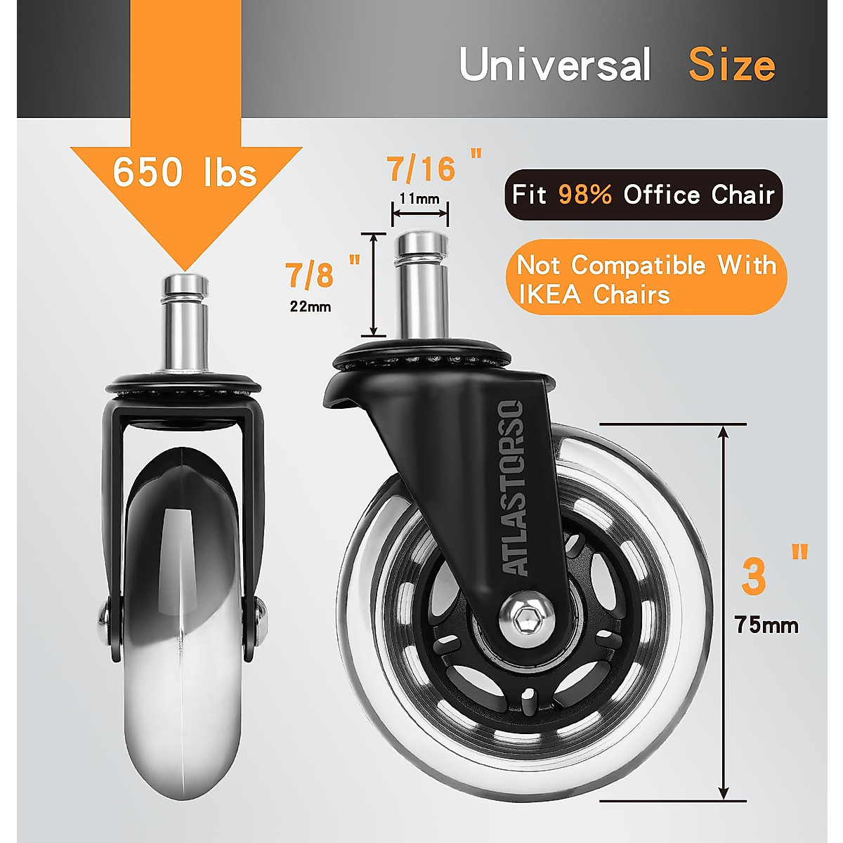 Office Chair Casters Wheels Replacement - 5 Set Rubber Chair Caster Heavy Duty Caster for Chair to Replace Rolling Chair Wheel Roller Blade Style Caster Non Scratch Safe for Hardwood Floors and Carpet
