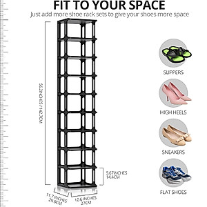 Tall Shoe Rack Front Door Entrance, Free Standing Narrow Shoe Rack Organizer for Entryway, Vertical Stackable Shoe Shelf for Closet Dedroom Dorm Garage, 10 Tier Black Shoe Tower for Small Spaces