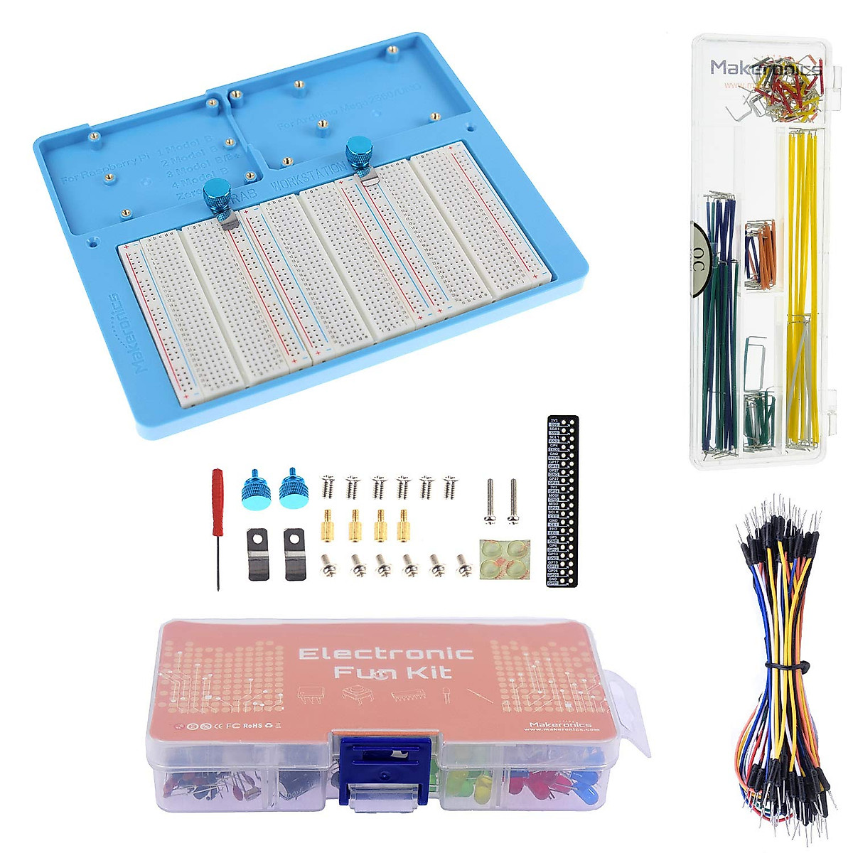 Makeronics 7 in 1 Blue Breadboard Holder Raspberry Pi 4 Holder + 1200 Breadboard+Electronics Fun Kit|Power Supply Module| Precision Potentiometer and More for Prototyping Circuit/Arduino/Raspberry Pi