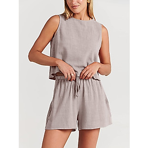 ANRABESS Women 2 Two Piece Outfits Lounge Matching Sets Linen Shorts Boho Aesthetic Clothes Sleeveless Tops 2023 Summer Outfits Vacation Beach 806yinhui-M, Light Grey