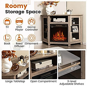 COSTWAY Fireplace Corner TV Stand for TVs Up to 50 Inches, Modern Electric Fireplace Entertainment Center with Remote Control, 3 Brightness, Overheat Protection (Gray)