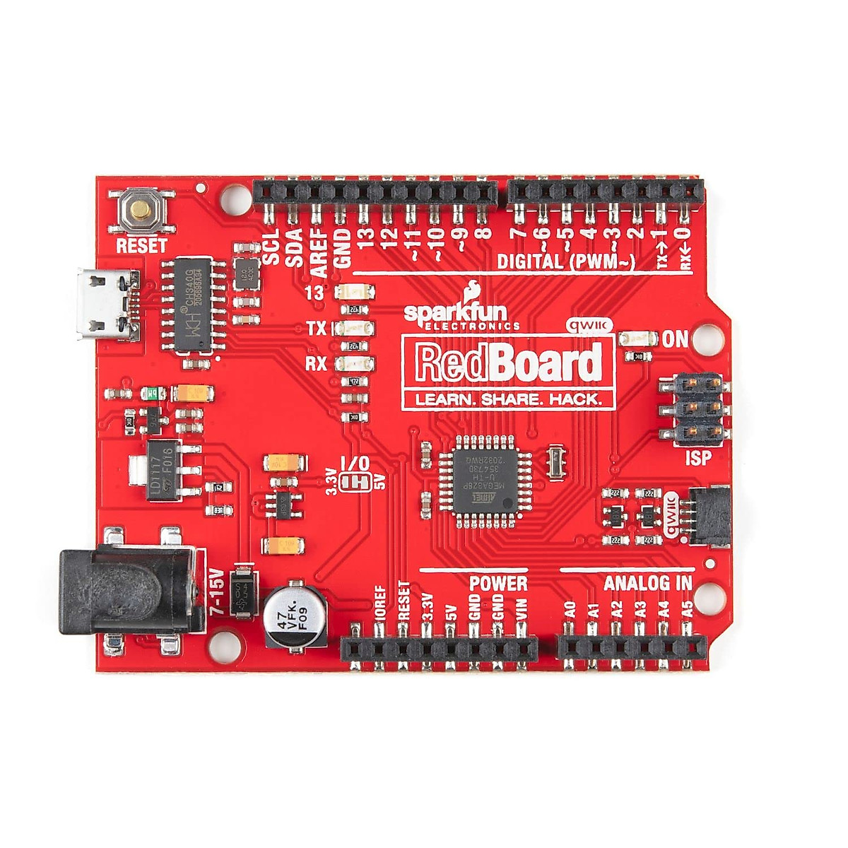 SparkFun RedBoard Qwiic ATMega328P compatible with Arduino board w/ Qwiic Connector and CH340C Serial-USB Converter IC Breadboardable R3 footprint microcontroller Improved reset button