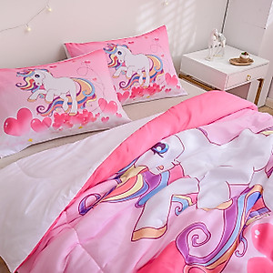 PHANTASIM Unicorn Bedding Twin Bedding Sets for Girls-3 Pieces Unicorn Kids Rainbow Comforter Set Twin Soft Brushed Microfiber Kids Twin Comforter Set for Girls Boys with 2 Pillowcase All-Season
