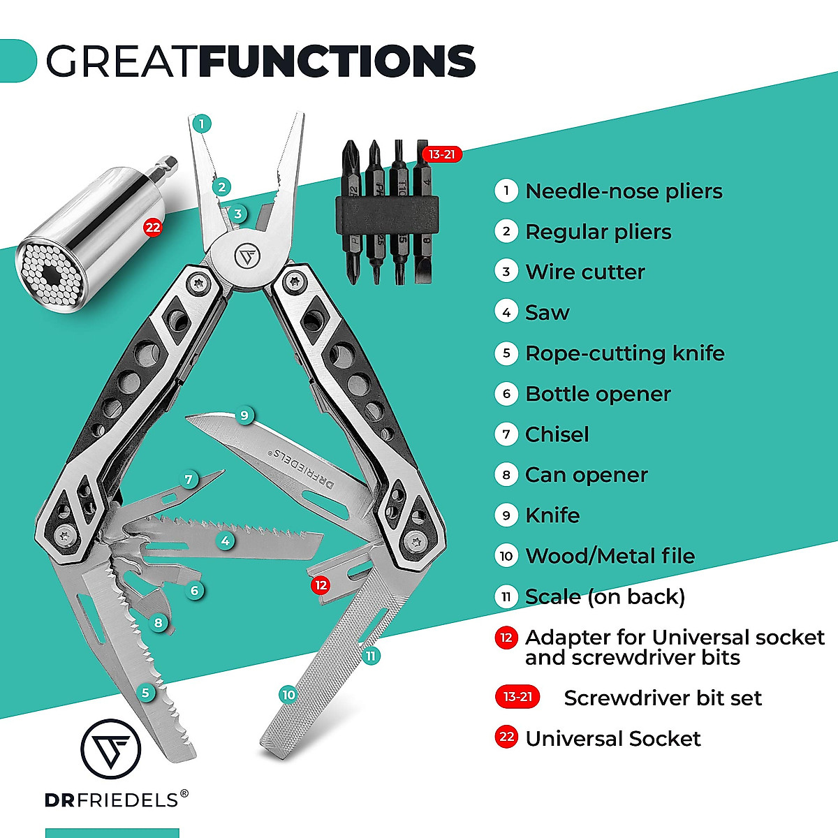 Multi Tool with Universal Socket - 22 in 1 Stainless Steel Multipurpose Tool with Saw, Pocket Knife, Wire Stripper & More - Small Tools for DIY Enthusiasts, Hobbyists, & Professionals by DrFriedels