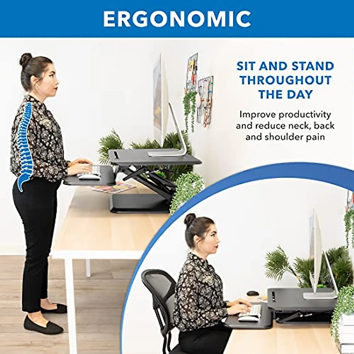 Mount-It! Height Adjustable Standing Desk Converter, 25” Wide Desktop - Sit-Stand Converting Desks with Gas Spring for Home, Office - Stand-Up Computer Workstation Desktops