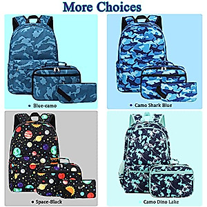 Octsky Kids Backpack for School Girls Boys Backpack with Lunch Box Set Elementary High School Book Bag Backpack for Teens Camo Shark Blue