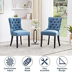 Kingfun Dining Chairs Set of 2, Upholstered Tufted Kitchen&Dining Room Chairs, Modern Accent Chairs Side Chair for Dinner Table/Waiting Room, Padded Nailhead Fabric Parsons Chairs(Solid Wooden, Blue)