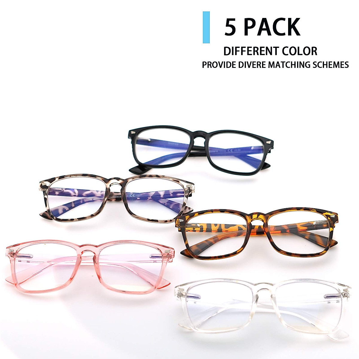 VIDEBLA 5 Pack Blue Light Blocking Reading Glasses,Spring Hinge Computer Readers for Women Men,Anti UV Ray Filter Nerd Eyeglasses (Mix, 2.00)