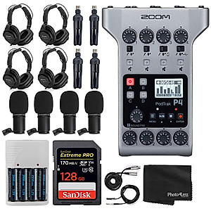 Zoom PodTrak P4 Portable Multitrack Podcast Recorder + 4x Zoom M-1 Mic + 4x Headphones + 4x Tabletop Stand + 128GB Extreme PRO SDXC Memory Card + AA Batteries and Charger – 4 Person Podcasting Bundle