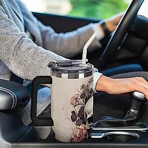 LLUTSNTH 40 Oz Vacuum Tumbler with Black Handle Leakproof Insulated Tumbler Ancient Skull And Flowers Stainless Steel Travel Mug with Lid And Straw Coffee Cup Cute Water Bottles Cup Holder Friendly