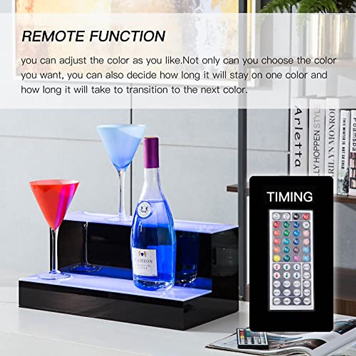 SUNCOO LED Lighted Liquor Bottle Display 16 Inch 2 Step Illuminated Bar Bottle Shelf 2 Tier Cimmercial Home Bar Bottle Display Drinks Lighting Shelves Home Bar Lighting with Remote Control