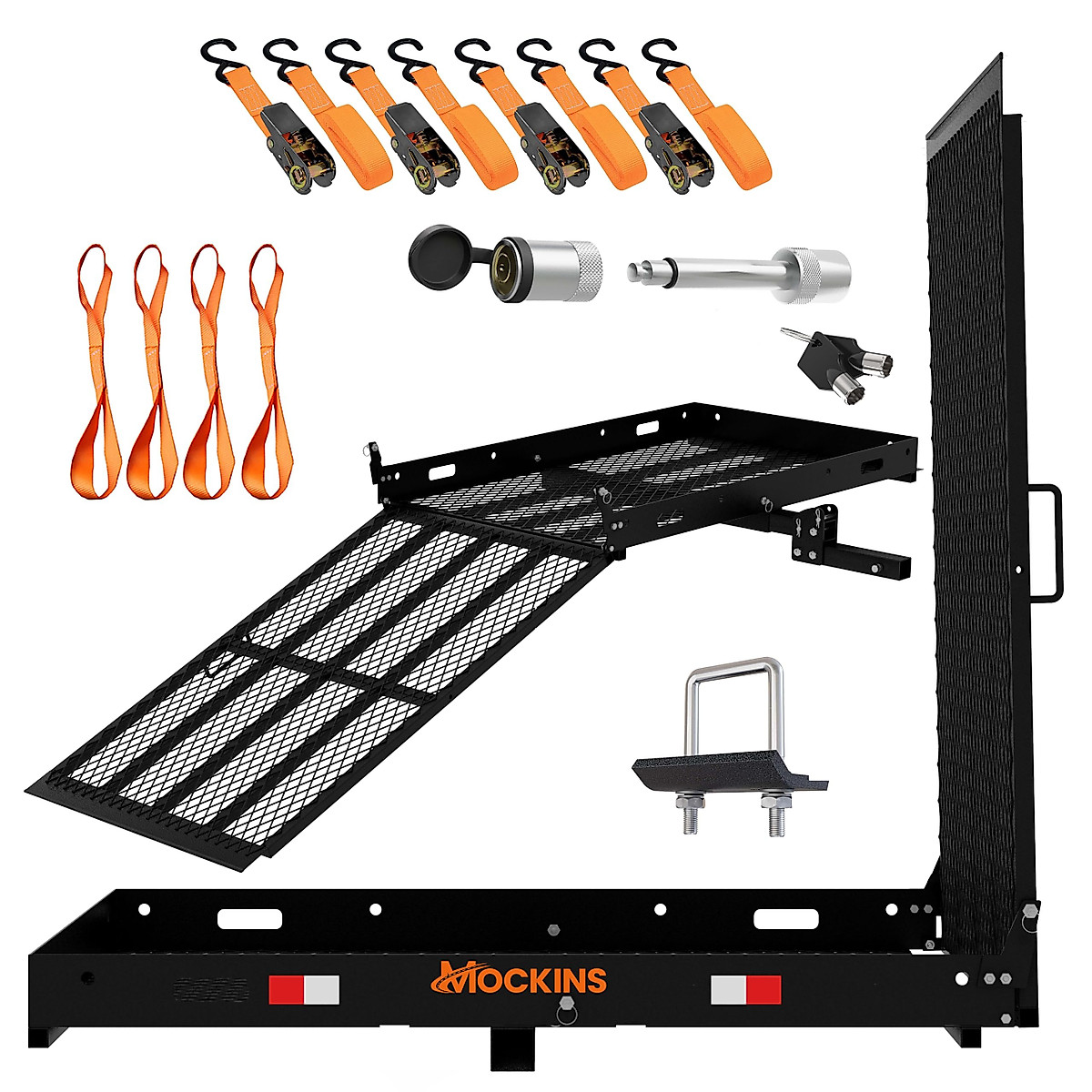 Mockins 500lb Cap. Folding Trailer Hitch Cargo Carrier Rack with Ramp |48"Lx28.5"Wx4.5"H Wheelchair Rack for Car |Heavy Duty Steel Mobility Scooter Carrier with Ramp | Wheelchair Carrier for Car Hitch