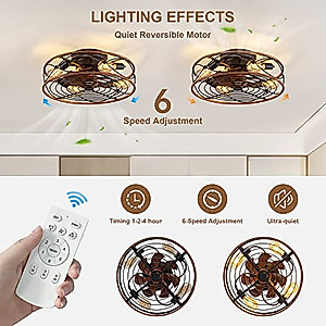 YEDAORL Caged Ceiling Fan with Light Flush Mount, 20 inch Vintage Low Profile Fandelier 6 Speed Chandelier Ceiling Fans Light Fixture with Reversible Motor Remote Control Black