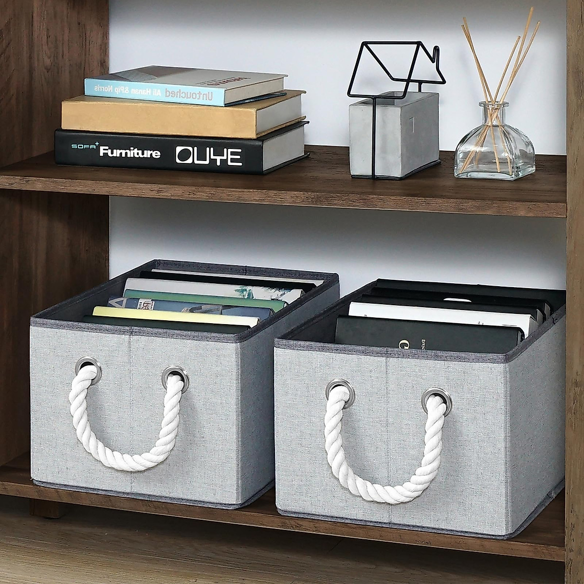 Large Fabric Storage Bins with Lids 3 Pack | Storage Bins for Shelves and Closet Organizers | Folding Rectangle Storage Bins with Handles for Cloth and Magazine,Gray,15"W x 10.5"D x 8.5"H