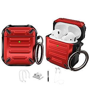 MOLOVA Airpod Case TPU Protective Case with Carabiner Shockproof Dustproof Airpod Case Cover for Apple Airpods 1&2 Case (Red)