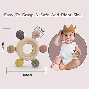 Baby Teething Toys Silicone Chewable Teethers BPA Free Silicone Rudder with Removable Wooden Ring for Soothing Babies Gums Teethers for Babies 0-24 Months (Beige,6 Directions)
