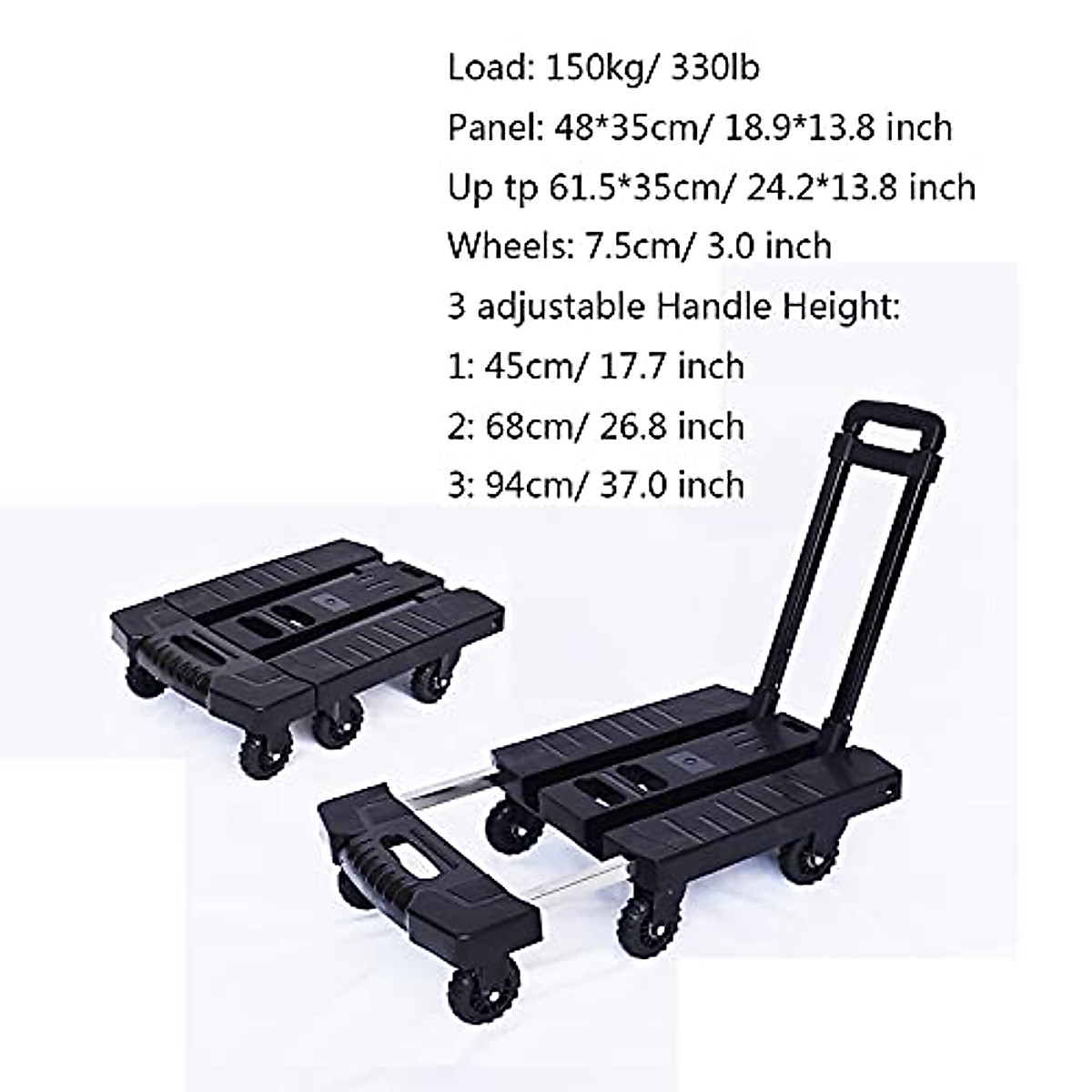 Generic Platform Hand Truck Folding Hand Truck 6 Wheels Small Trolley Cart with Stretchable Handle for Home Office Travel Luggage Moving 330lbs Weight Capacity Push Dolly for Loading (Black 3inch)