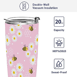12 Oz Stainless Steel Vacuum Insulated Tumbler Cartoon Cute Bees Daisy Pink Coffee Cup with Lids and Straw Daisy Flower Double Wall Water Travel Mug for Hot and Cold Drinks for Home Office