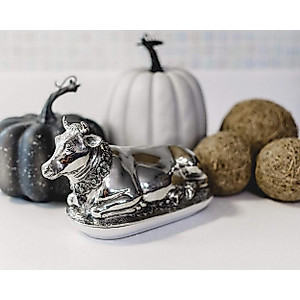 Vagabond House Pewter Metal Mabel the Cow Covered Butter Cream Cheese Dish Container Keeper Heirloom Quality with Stoneware Tray Base 8.5 inch Long