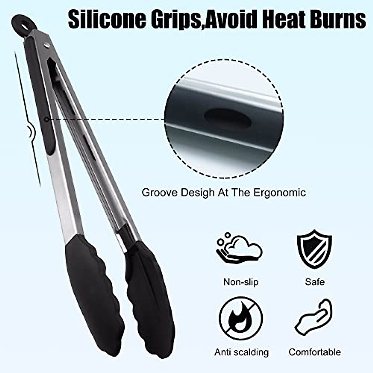 Kitchen Tongs, Set of 3 Silicone Tongs for Cooking, Stainless Steel Metal Food Tongs with Non-Stick Silicone Tips, for Food Grill, Salad, BBQ, Frying, Serving (7",9",12")