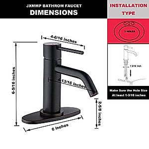 Oil Rubbed Bronze Bathroom Faucets Single Hole with 6 inch Deck Plate, JXMMP 1 Handle Rubbed Bronze Faucet for Bathroom Sink with Pop Up Drain and Water Faucet Supply Lines